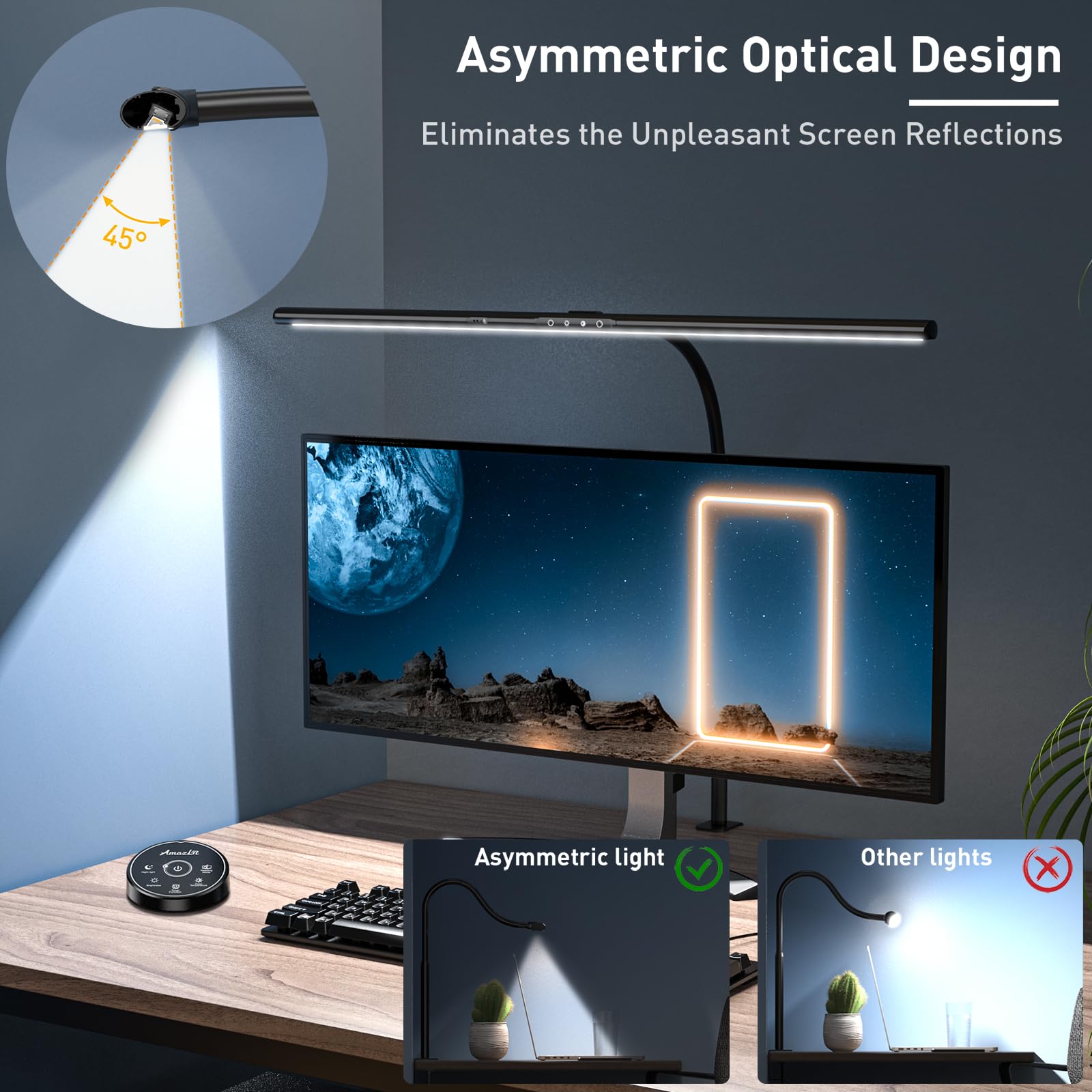 AmazLit Desk Lamp 31.5" W, Desk Lamp for Home Office, Gesture Sensing Desk Light, Monitor Light, Adjustable Color Temperature & Brightness, Table Lamp 24W Brightest, Black