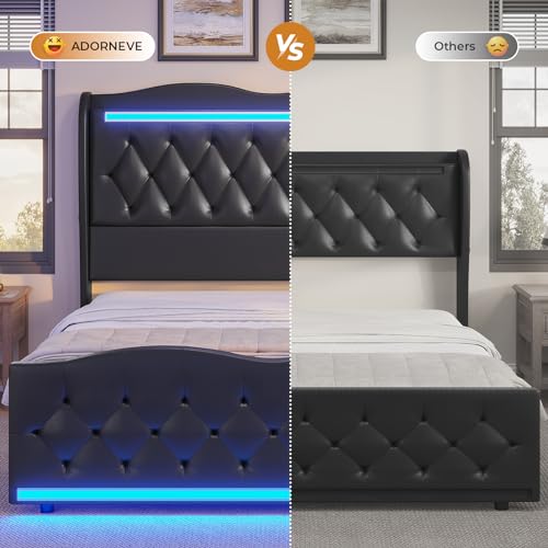 ADORNEVE LED Bed Frame Queen Size with Tall Headboard Footboard, Charging Station, PU Leather Upholstered Platform Queen Bed with Wingback Storage Headboard, Innovative Stable Structure, Black