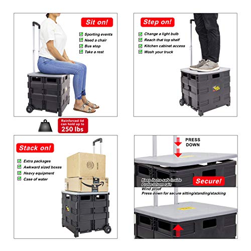 dbest products Quik Cart Collapsible Rolling Crate on Wheels for Teachers Tote Basket 80 lbs Capacity, Made from Heavy Duty Plastic and Used as a Seat, Grey