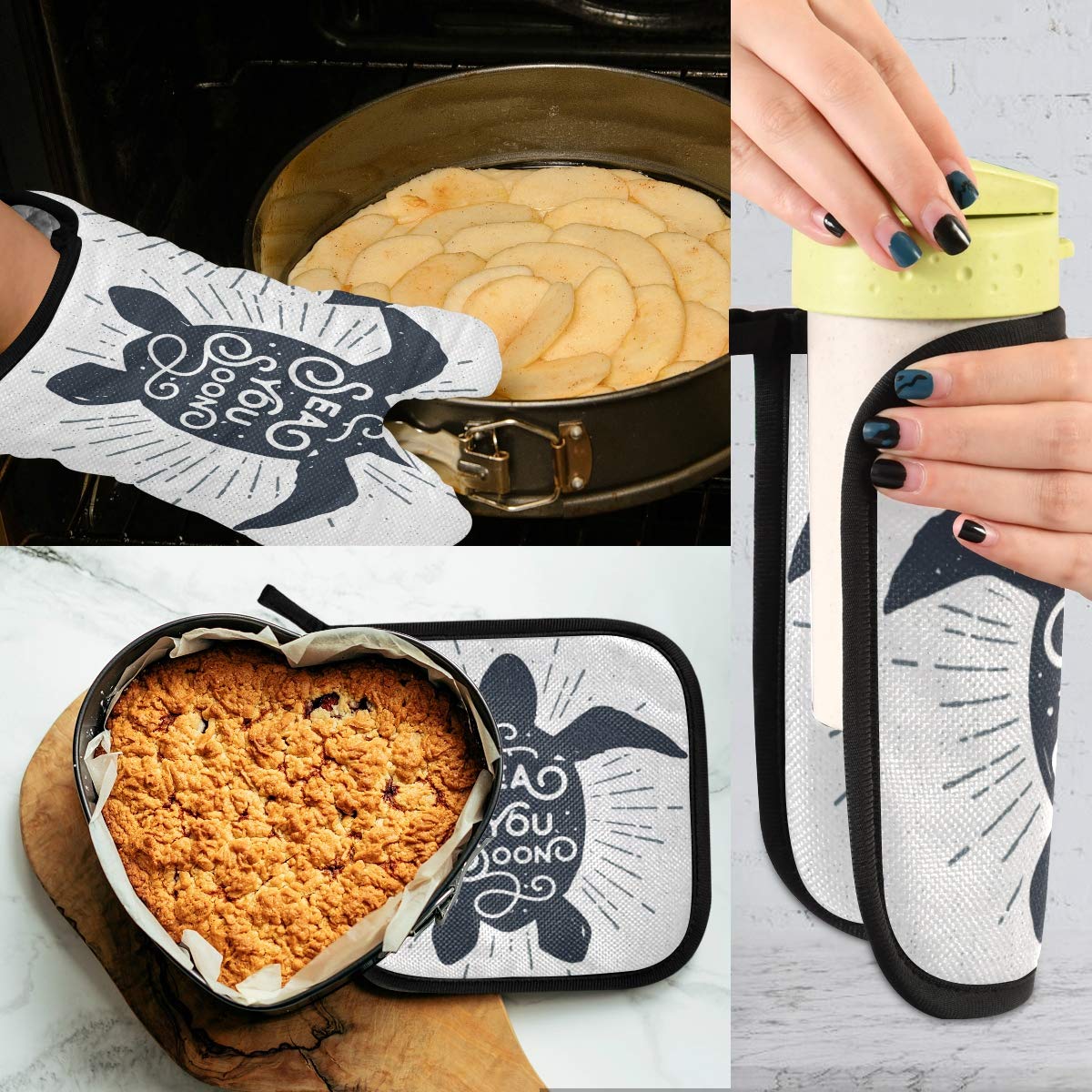 ALAZA Vintage Nautical Sea Turtle Oven Mitts and Pot Holders Sets Heat Resistant Kitchen Oven Gloves Potholder for Cooking Baking Grill