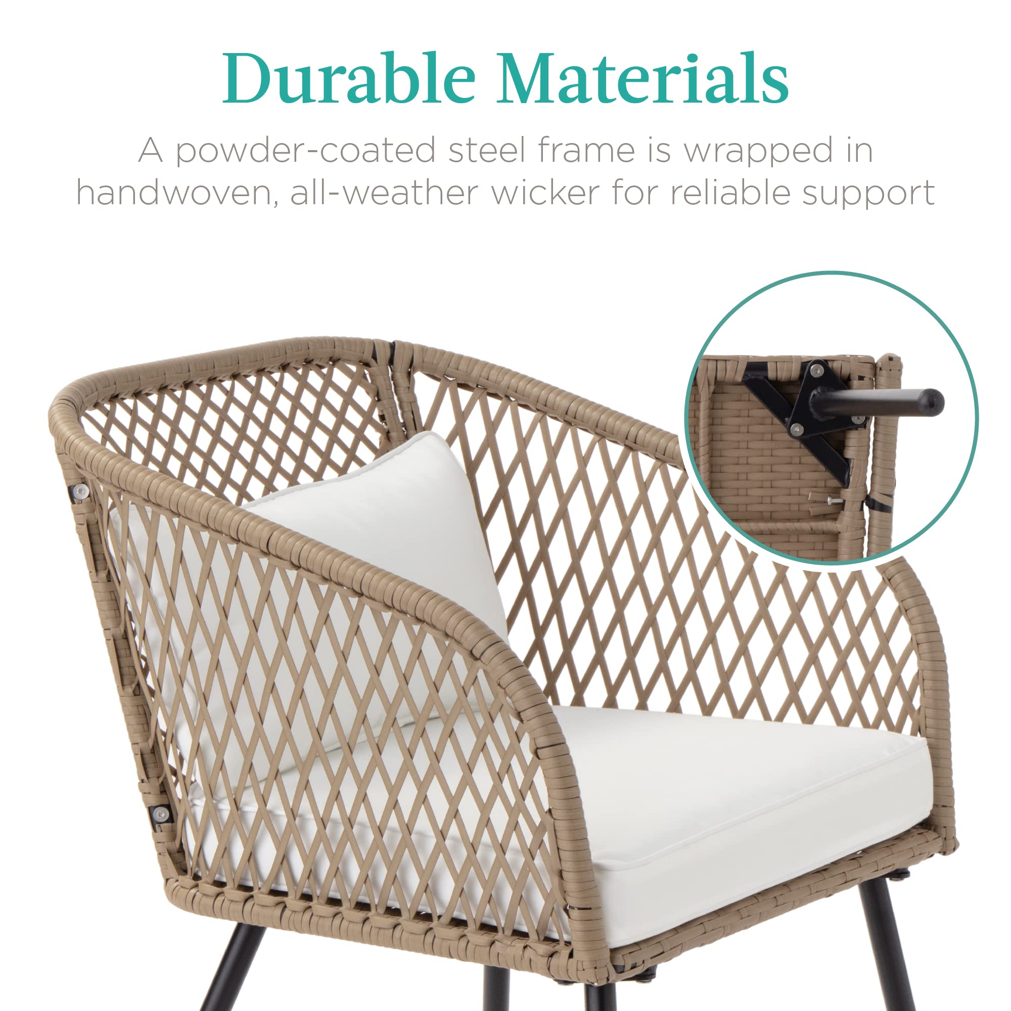 Best Choice Products 3-Piece Outdoor Wicker Bistro Set, Patio Dining Conversation Furniture for Backyard, Balcony, Porch w/Diamond Weave Design, Tempered Glass Side Table, 2 Chairs - Ivory