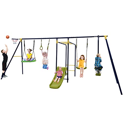 HONEY JOY Swing Sets for Backyard, 660lbs 7-in-1 Heavy Duty Swing Set w/A-Frame Metal Swing Stand, 2 Swings, Glider, Gym Rings, Slide, Monkey Bar,Basketball Hoop, Swingset Outdoor for Kids 3-12