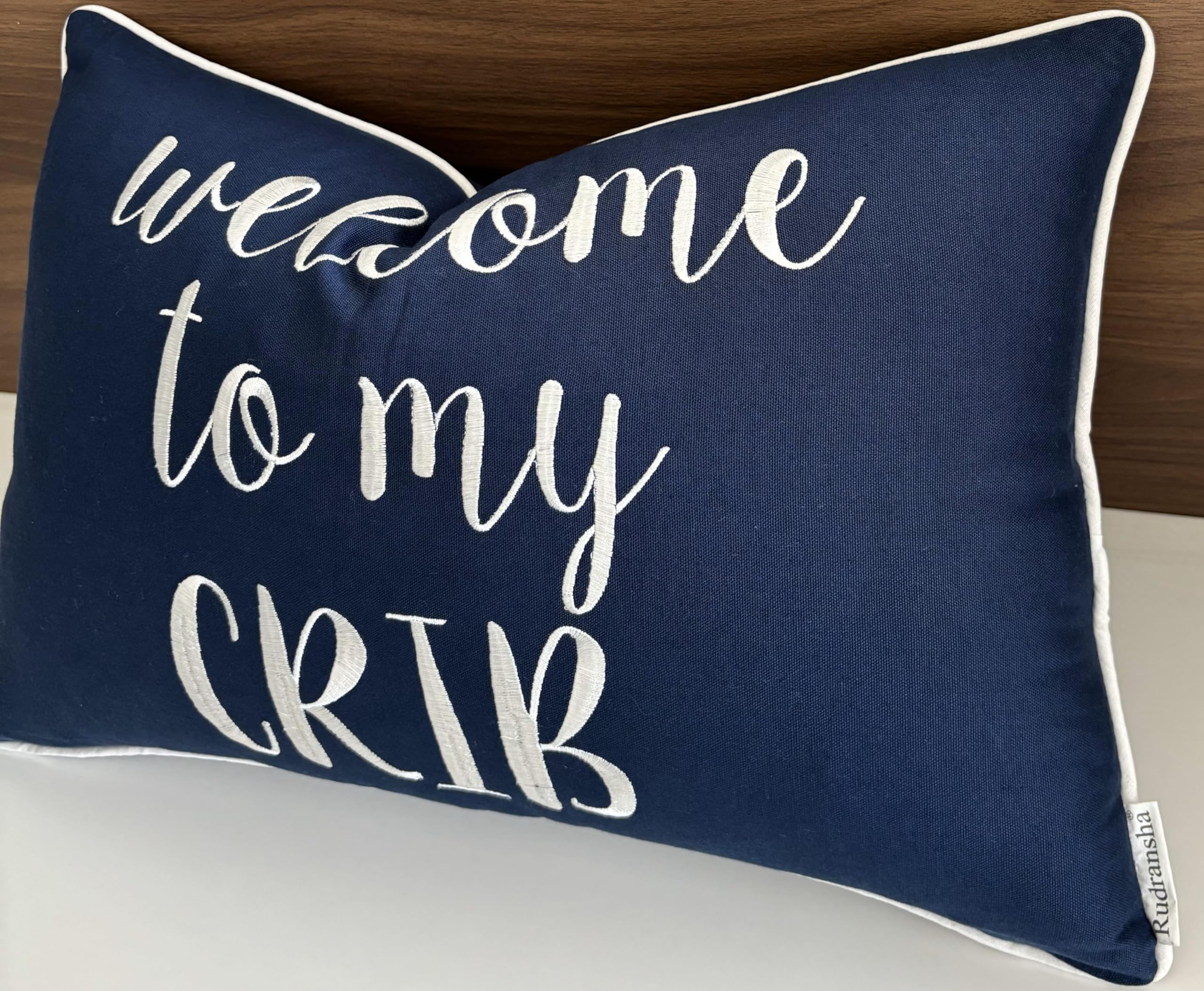 Rudransha Welcome to My Crib Embroidered Lumbar Accent Throw Pillow Cover - Nursery Decor - 12x18, Navy Blue