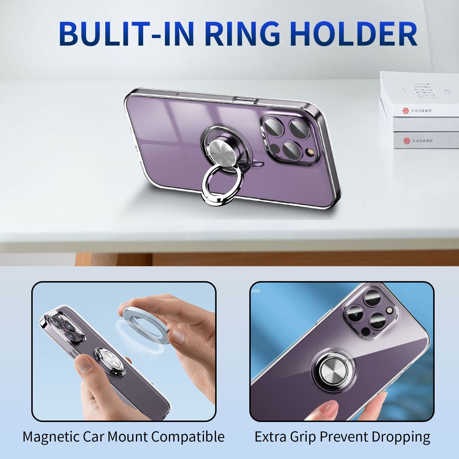 ACAGET Bluetooth 5.3 Earbuds White & iPhone 14 Pro Max Case Clear with Ring Kickstand, Sport Earphones with Over Ear Earhook and Protective Case for iPhone 14 Pro Max