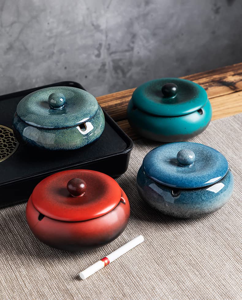 5.7 "windproof large ashtray with cover, ceramic ashtray, indoor ashtray, outdoor ashtray, gift box packaging(Blue)