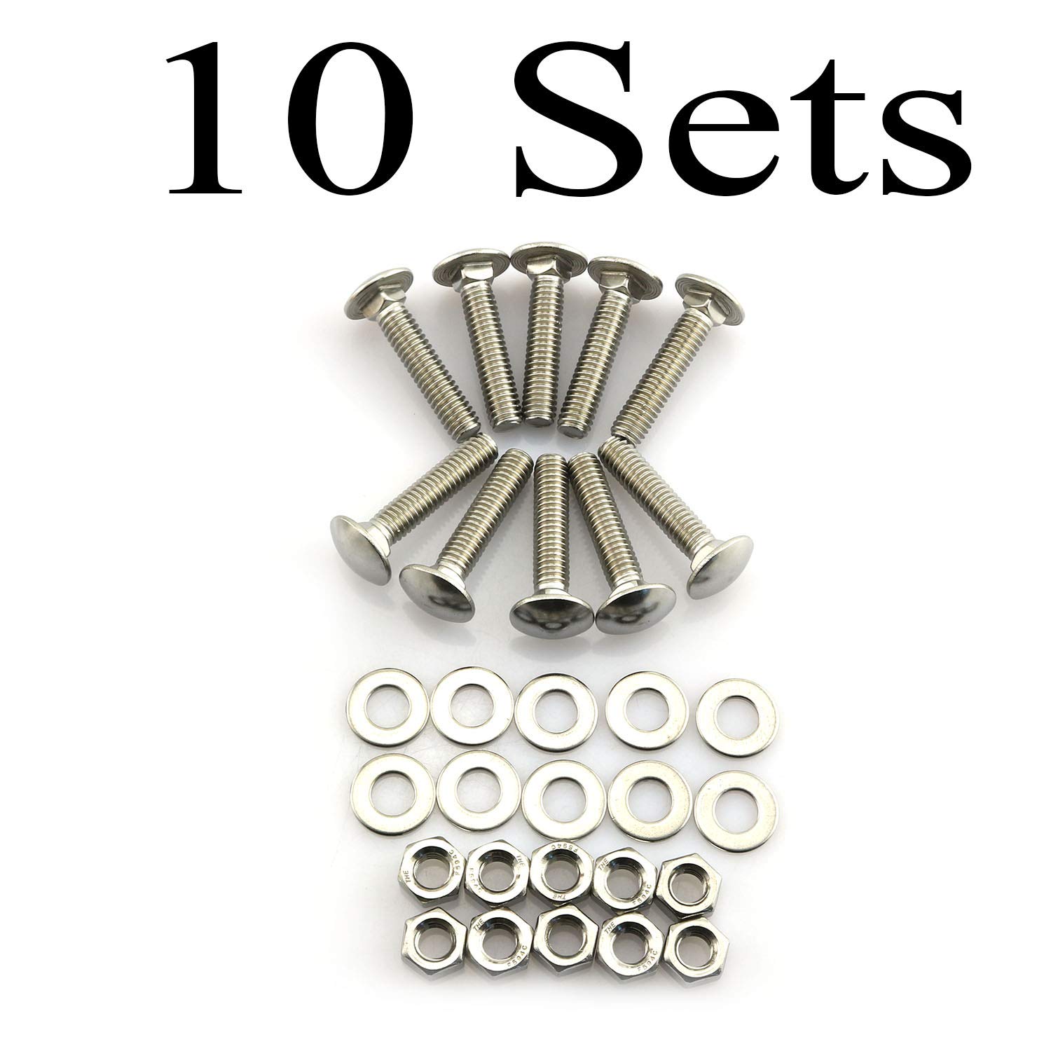 RuiLing 10 Set Carriage Bolt Sets 304 Stainless Steel Carriage Screw Hex Nut and Flat Washer Kits 5/16-18 Inches