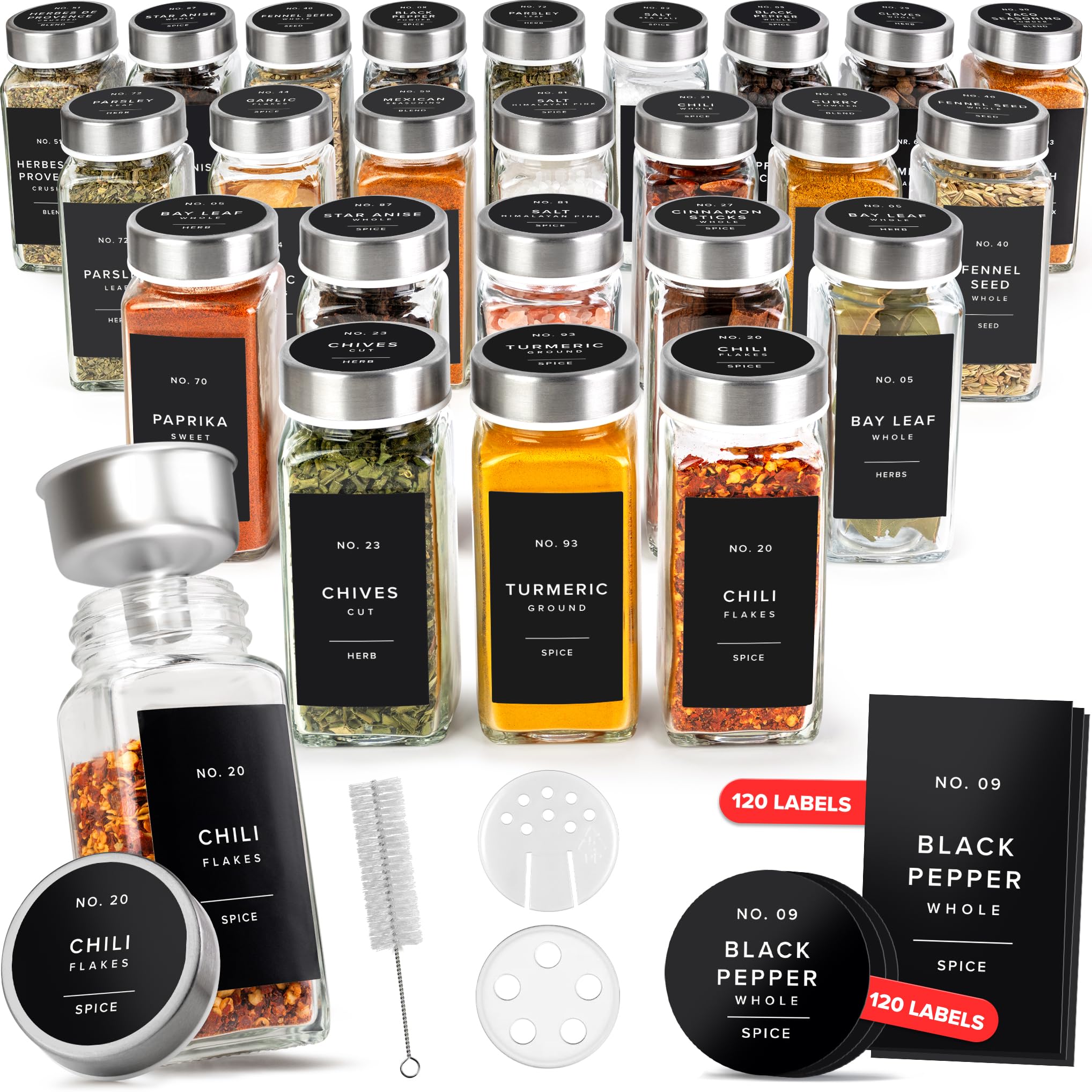 EDELHAUS Glass Spice Jars with Label and Stainless Steel Lids (24 x 4oz) Spice Containers with 240 Labels, Shaker Inserts, Steel Funnel, Empty Square Empty (Stainless steel Lid)