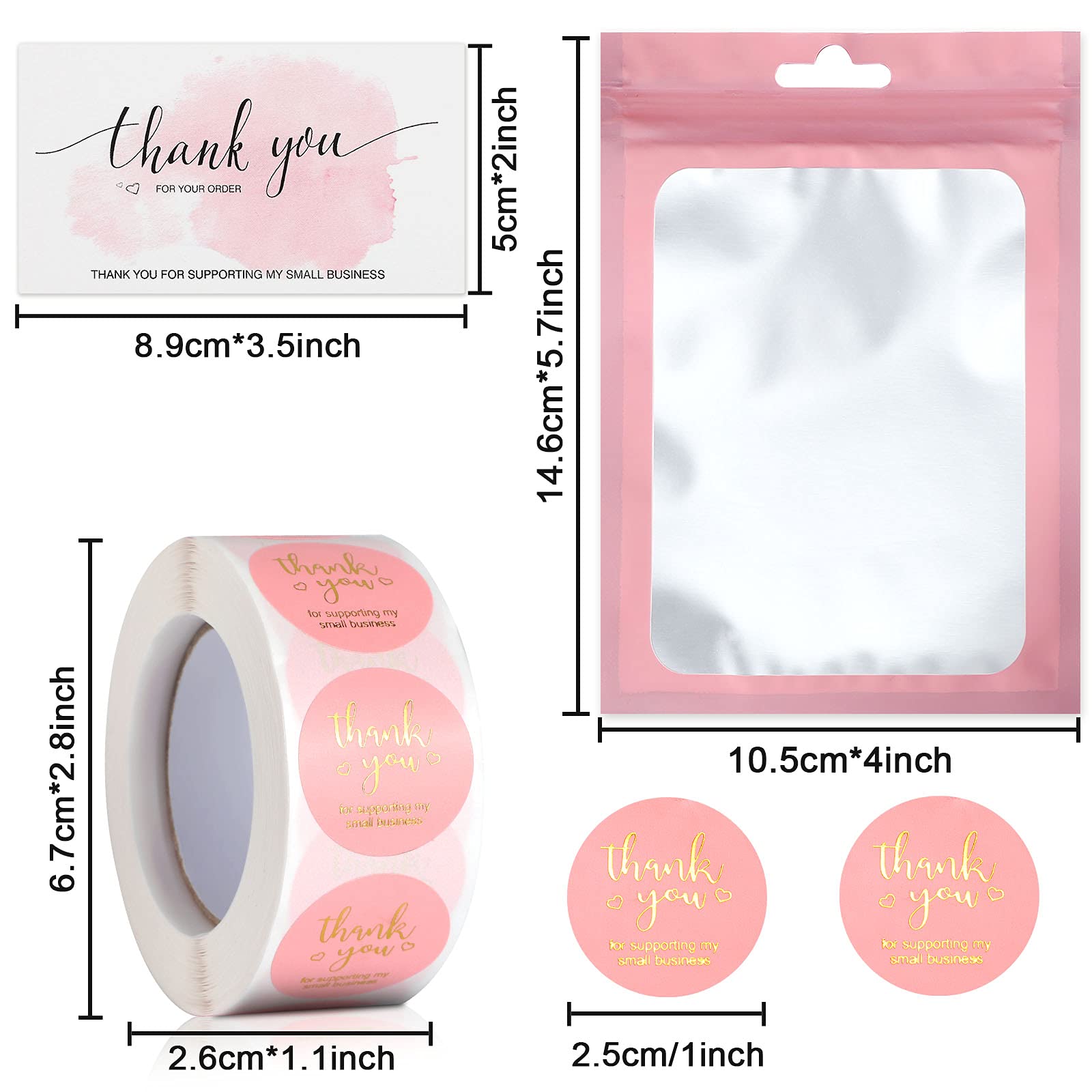 620 Pieces Thank Cards and Stickers Set Gold Foil for Supporting My Small Business with Resealable Packaging Bag, Suitable Owners(Pink)