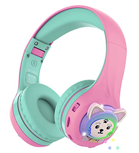Riwbox Kids Headphones, CB-7S Cat Kids Toddler Headphones with LED Light, 75/85/95dB Volume Limited, Kids Bluetooth Headphones with Mic for School/Tablet/Girls (Pink)