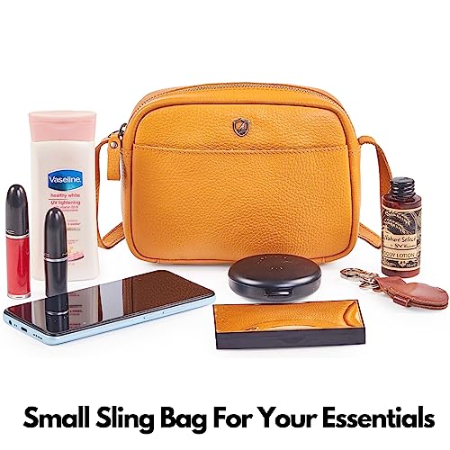 Cochoa Small Crossbody Bag for Women Pebbled Soft Real Leather Disco Sling Purse Premium Crossover Handbag with Card Case (Mustard Nappa)