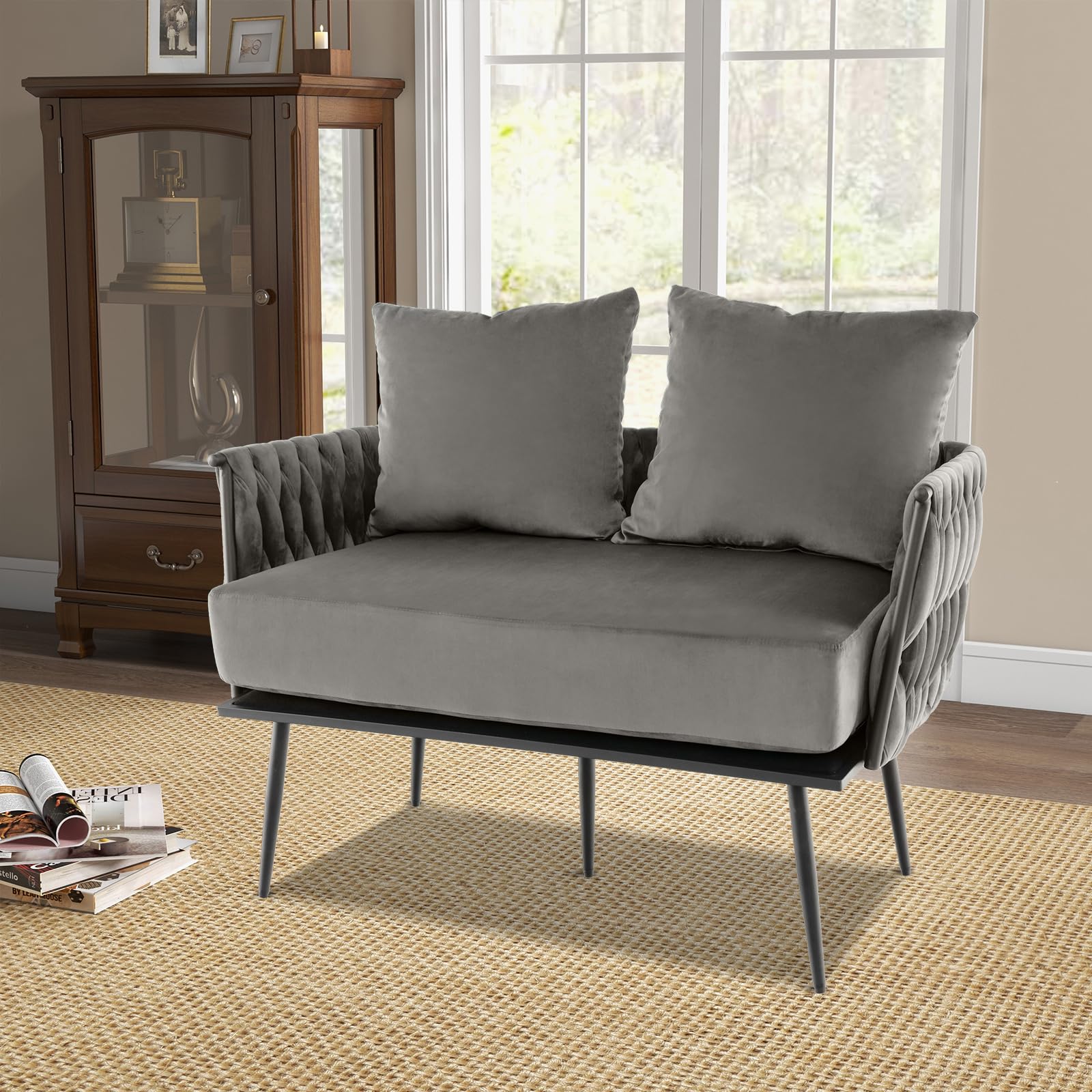 Giantex Loveseat Sofa, Upholstered 2 Seat Sofa Couch with Dutch Velvet, Woven Back and Arms, 2 Pillows, Removable Padded Cushion, 5 Solid Metal Legs, for Living Room Apartment Reception Room (Gray)