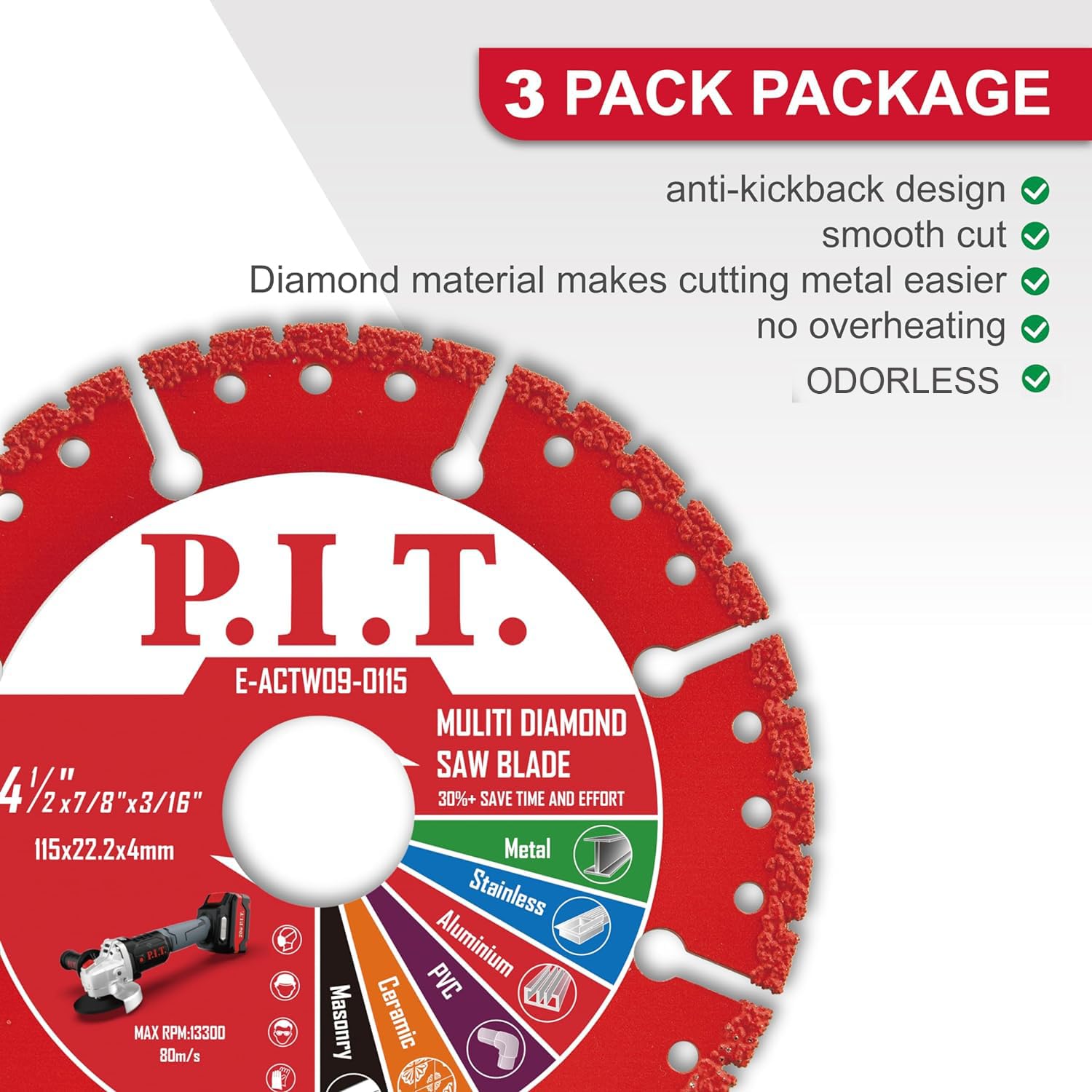 P.I.T. 4 1/2 Inch Diamond Cutting Wheel Metal Cutting Blade for 7/8" Arbor Angle Grinder Cutting Disc with 5000+ Cuts on Metal, Rebar,Sheet Metal,Angle Iron,Stainless Steel,3PCS Cut Off Wheels 