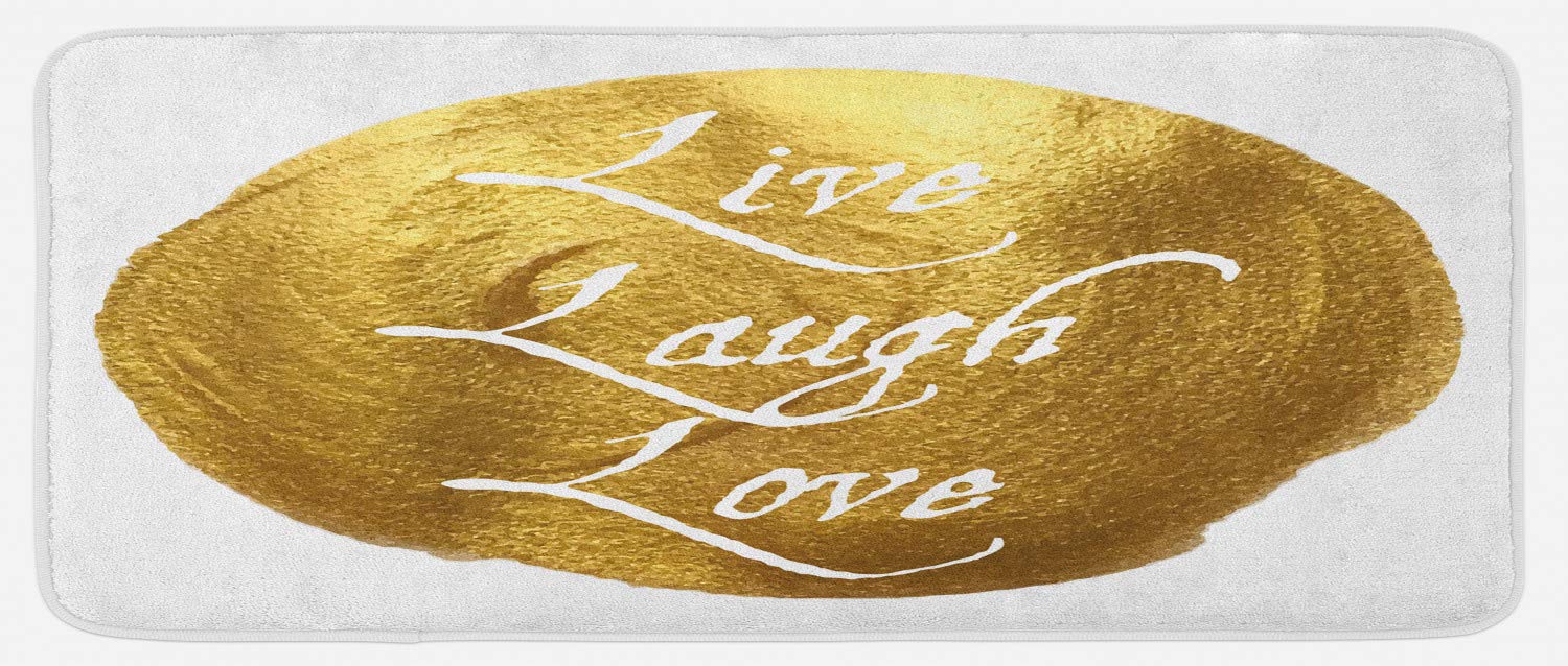Ambesonne Live Laugh Love Kitchen Mat, Inspirational Words Life Message on a Big Color Spot Modern Design, Plush Decorative Kitchen Mat with Non Slip Backing, 47" X 19", White Gold