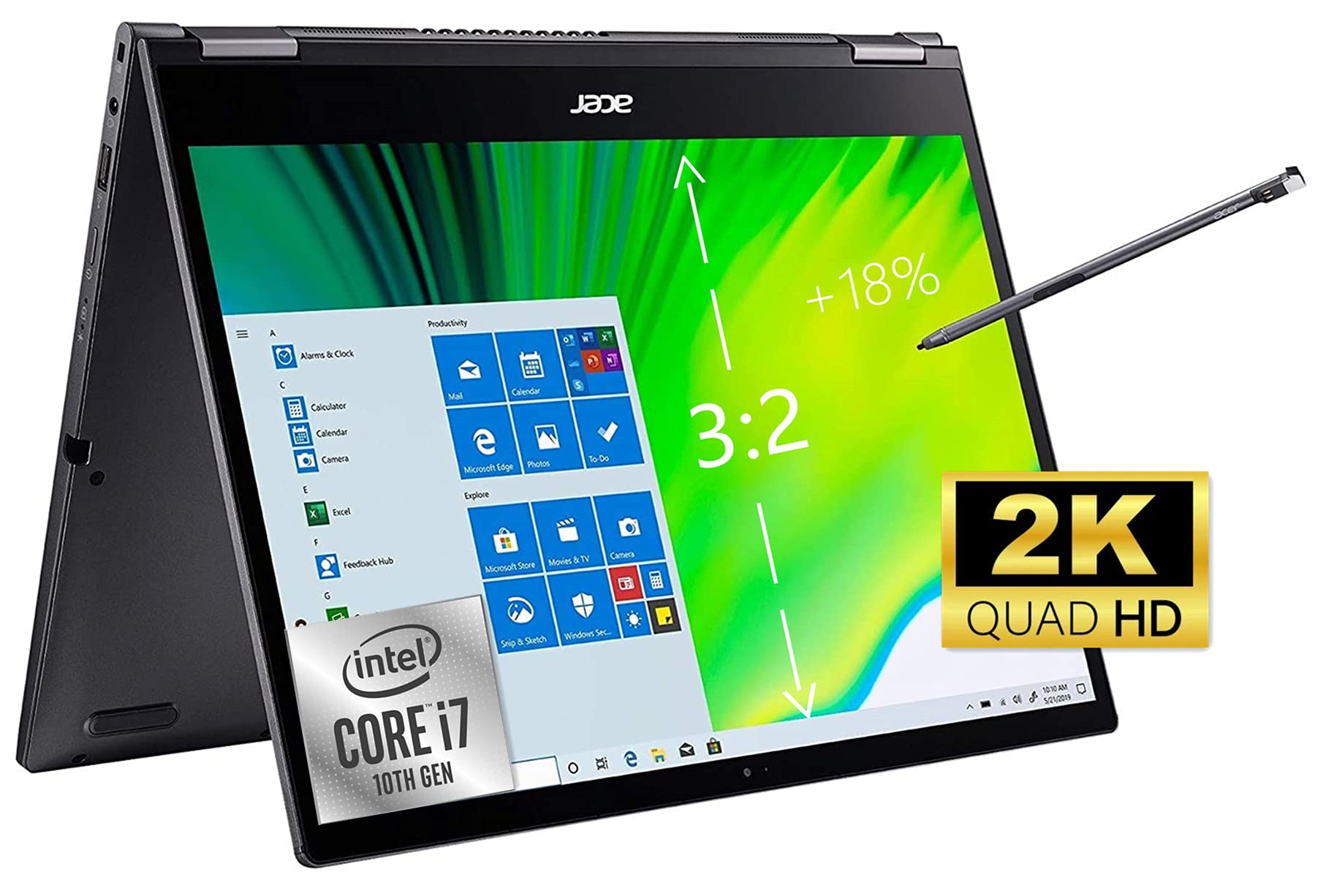 Acer Spin 5 Laptop, Intel i7-1065G7, 3:2 13.5" 2K IPS 2-in-1 Touch Display, Wi-Fi 6, Two Thunderbolt 3, Webcam, Long Battery: 15hr, Active Stylus, W/ Accessories (16GB RAM | 1TB PCIe SSD)