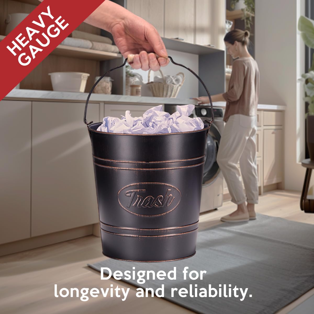 Pack 2, Rustic Farmhouse Bathroom Trash Can, Modern Country Style Galvanized Farm Metal Kitchen Trash Bucket, Large Vintage Waste Basket, Industrial Chic Bucket Garbage Can Bin, Western Garbage Pail