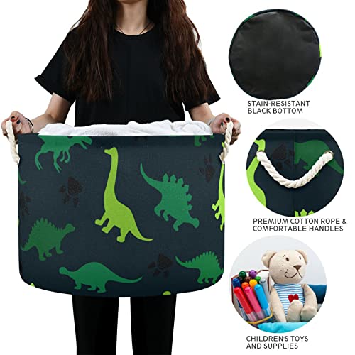 Kigai Green Camo Dinosaur Storage Basket, Collapsible Round Toy Storage Bin, Decorative Laundry Hamper with Handles, Large Organizer Bins