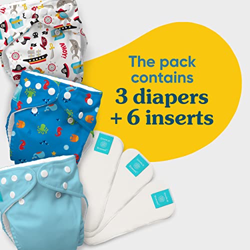 Charlie Banana Baby Fleece Reusable and Washable Cloth Diaper System, 3 Diaper and 6 Inserts, Oceana, One Size