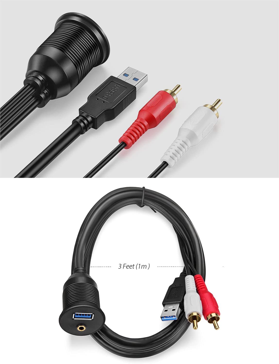 URWOOW Flush Mount Cable Kit 3 ft USB 3.0 Male to Female and 2 RCA Male to 3.5mm Female AUX Extension Cable Dashboard Panel Dash Mount Port 3 feet