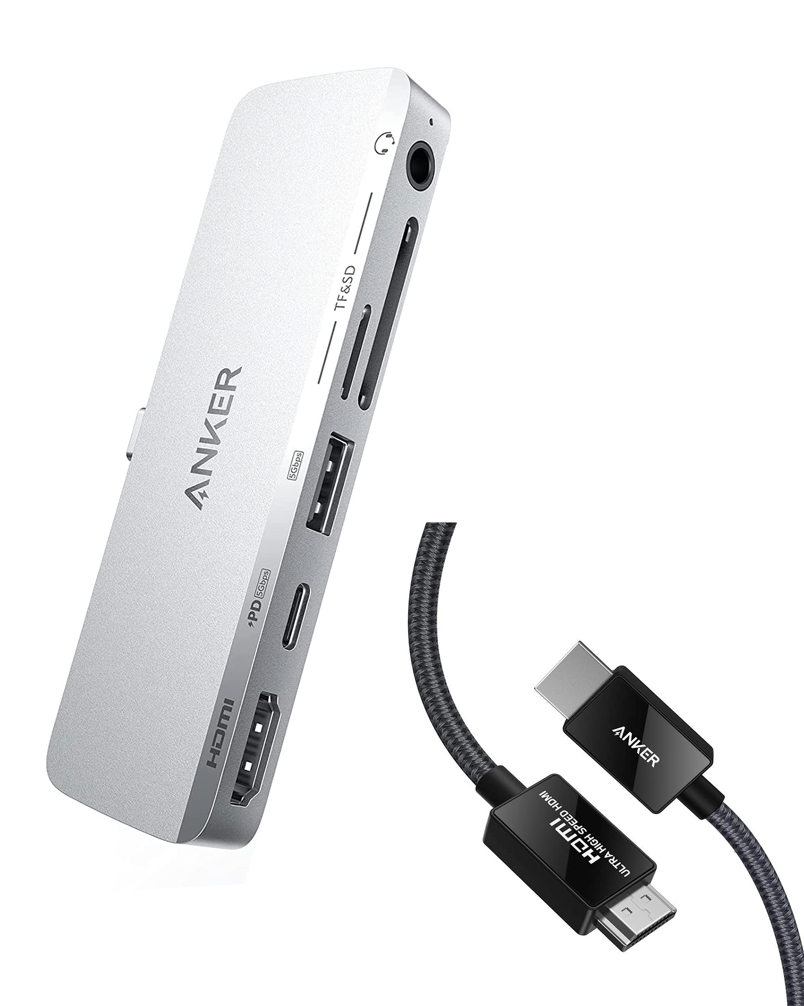Anker USB C Hub for iPad, 541 USB-C Hub (6-in-1) with 4K HDMI Port, Multi-Function USB-C Port, USB-A Data Port (Silver) 8K@60Hz HDMI Cable