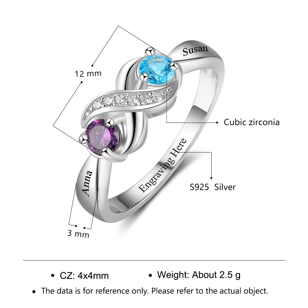 925 Sterling Silver Personalized Infinity Mothers Rings with 2 Round Simulated Birthstones Custom Engraved Engagement Promise Rings for Women (9)