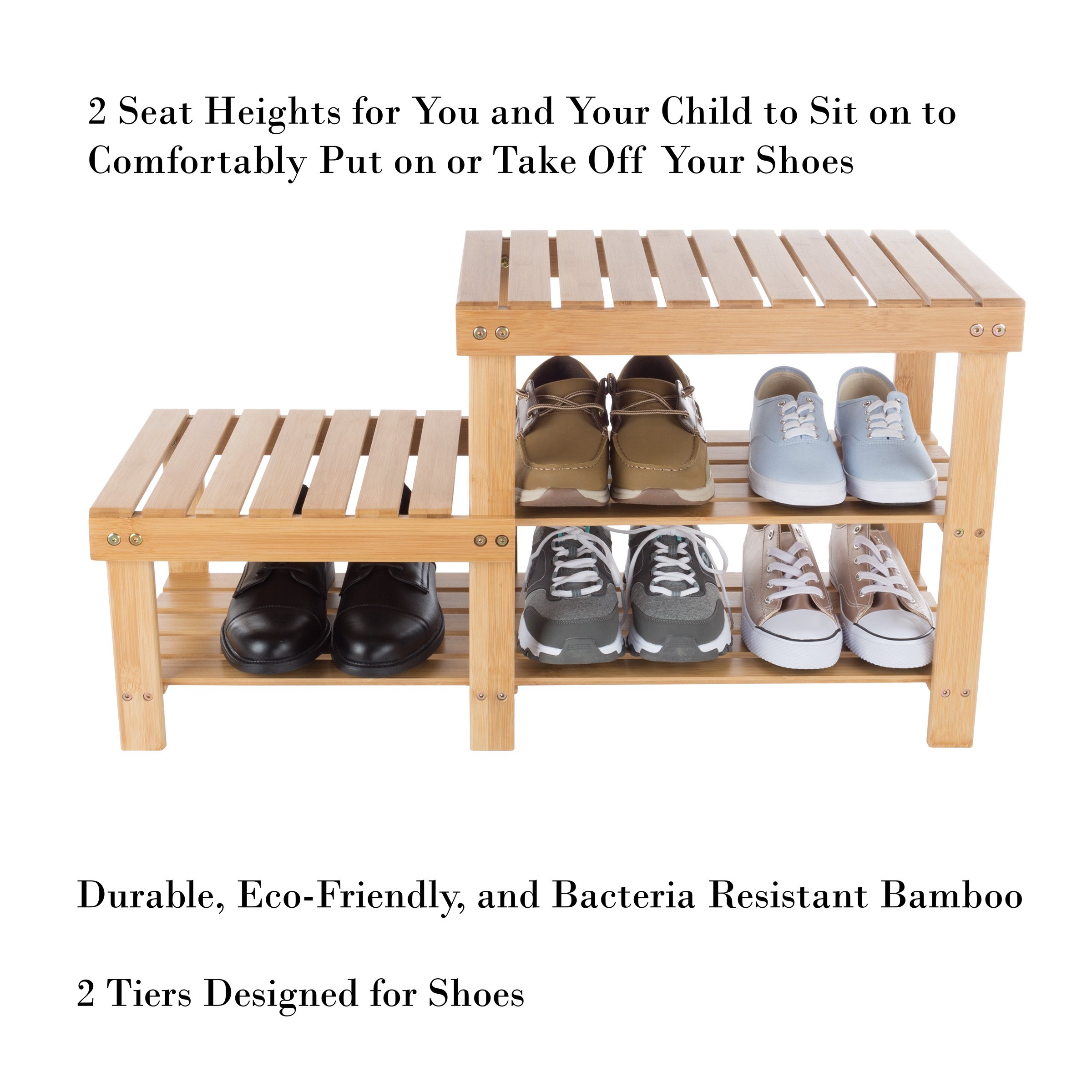 Lavish Home Bamboo Shoe Rack Bench with 2 Tiers of Shelves and 2 Seat Heights-Seat Storage and Organization-For Bedroom, Entryway, Hallway, Closets