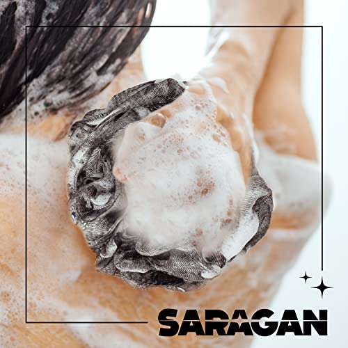 SARAGAN Shower Loofah - Large Exfoliating Bath Sponge - Body Scrubber Shower Sponge for Men & Women to Lather & Cleanse Skin - Pouf Made with 80g Plush Mesh - Helps Use Less Soap (Black)