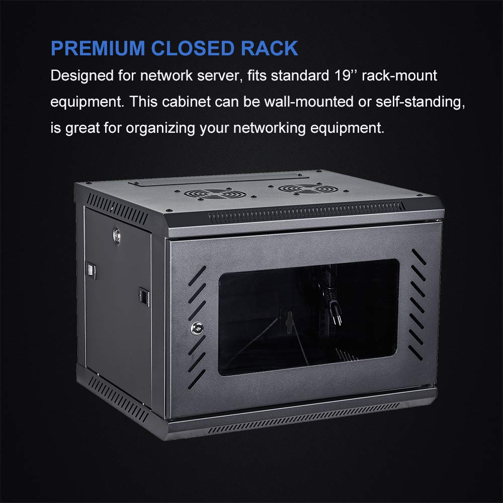 Kenuco Wall Mount Rack Server Cabinet Data Network Enclosure 19-Inch Server Network Rack with Locking Glass Door 16-Inches Deep (BLACK 06U)
