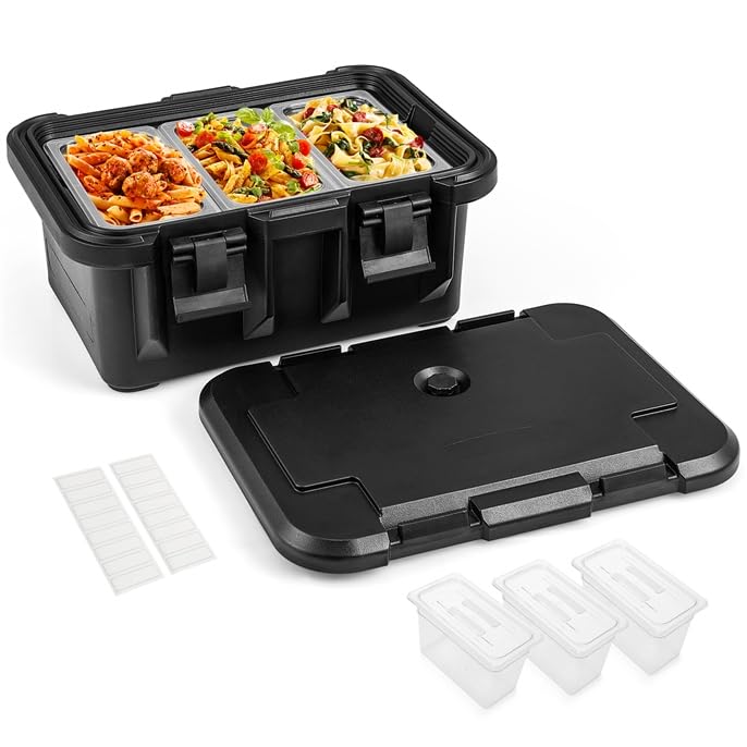 ARLIME 31QT Insulated Food Pan Carrier, Stackable Hot Box w/ 3 PC Food Pans, 8β Deep Top Load LLDPE Food Warmer for Restaurant, Canteen, Catering, Buffet Party, Black (1)
