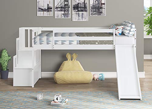 DEYOBED Low Loft Bed with Stairs and Slide - Wood Twin Bed Frame for Kids - Ideal for Boys and Girls - White