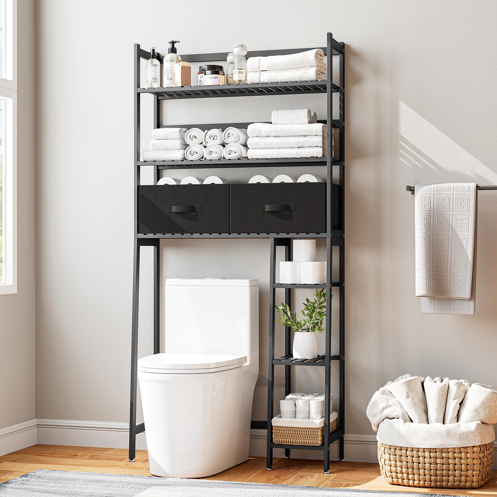 Hitogo Over The Toilet Storage Shelf - Bamboo Bathroom Organizer with Basket Drawer, Adjustable Shelf and Waterproof Feet Pad - Space Saver Storage Rack for Restroom, Laundry (White)
