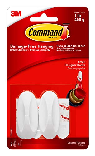Command Small Designer Hooks, White, 2-Hooks, 4-Strips, 6-Pack, Organize Damage-Free