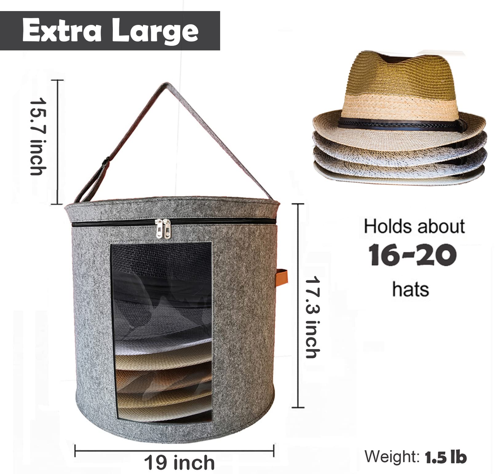 Aeeteek Hat Storage Box 19" D x 17" H Portable Felt Organizer Bucket Foldable Large Capacity Bag Round Travel Hat Container with Dust Proof Lid, Stuffed Animal Toys and Clothes Storage Bin (Grey)