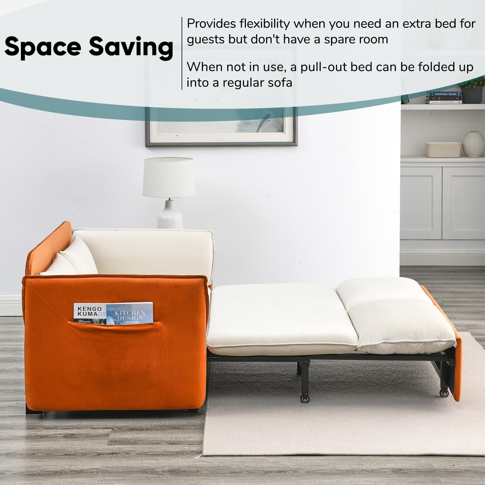 JOYBASE Pull Out Sleeper Sofa Bed Couch, Modern Convertible Loveseat Sofa Couch with Pullout Bed for Apartment Bedroom Living Room (Blue & White, Velvet)