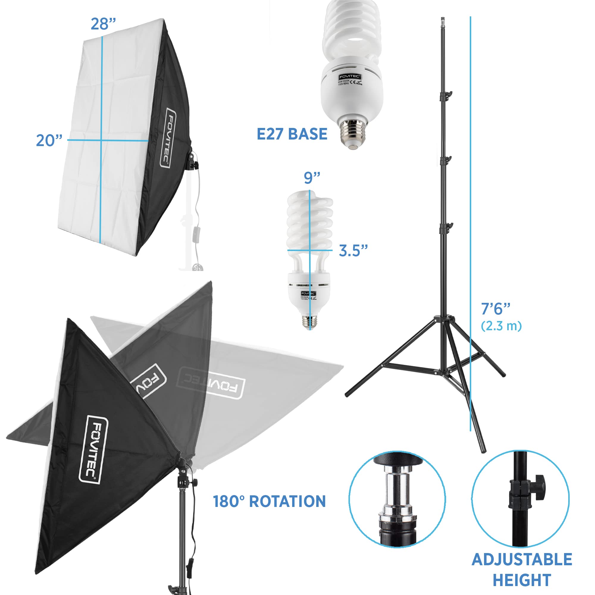 Fovitec 2-Light Fluorescent Studio Lighting Kit, 20"x28" Quick Setup Softboxes, 650W Continuous Light and Stands for Portraits, Product Photos, Vlogging, Video Conferencing, and Live Streaming