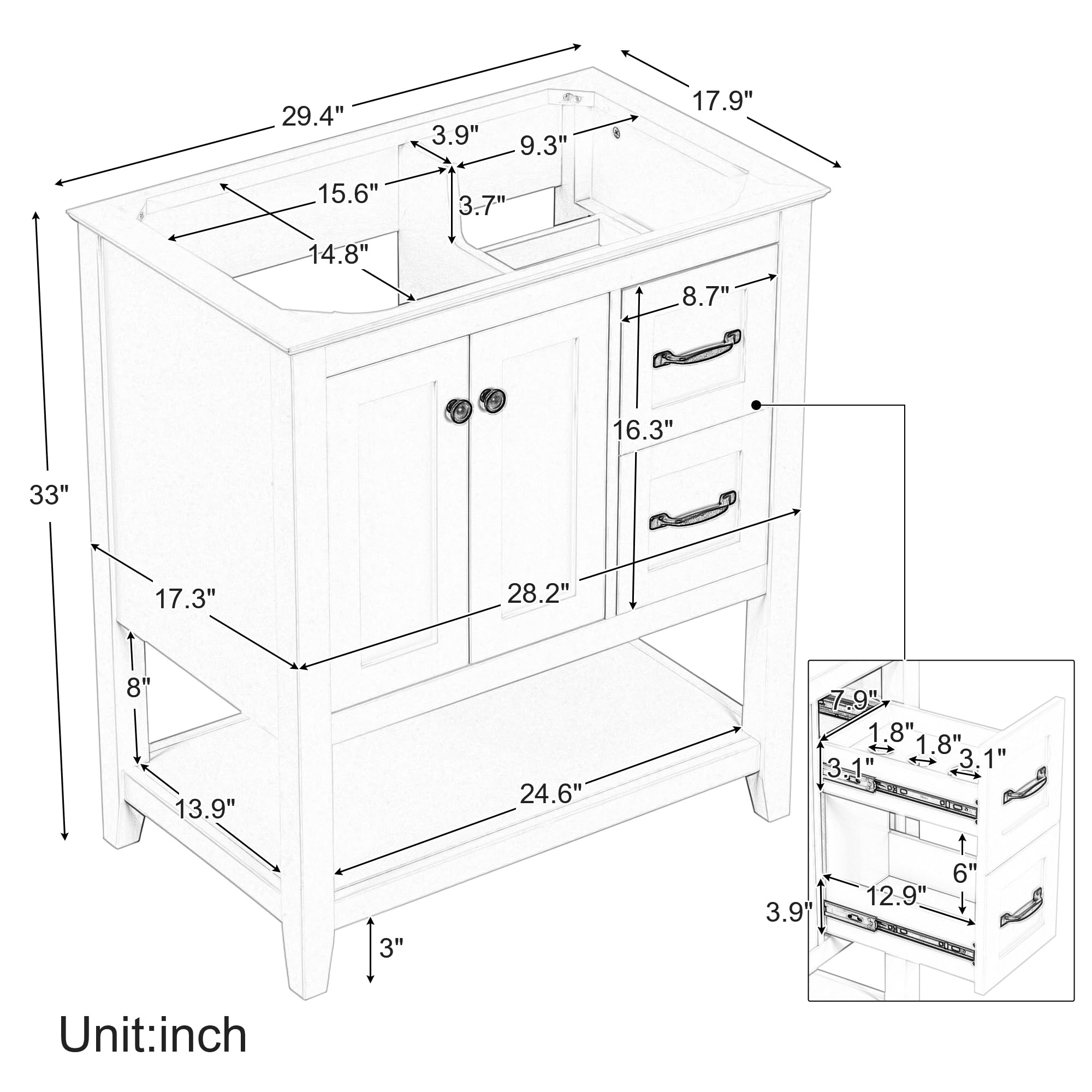 Ataucjin 30" Bathroom Vanity with Ceramic Sink Top, Solid Wood Bathroom Storage Cabinet Bath Vanity with Two Tiers Drawer and Soft Closing Doors(Delivery in Two Boxes)