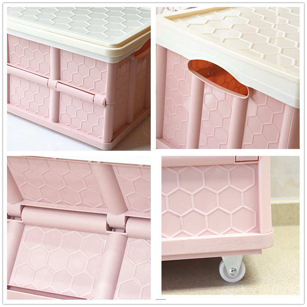Radefasun Foldable Storage Bins with Lids and Wheel Plastic Collapsible Storage Box Portable Stackable Grocery Books Container Folding Latching Storage Crate for Indoor Outdoor (Pink, L)