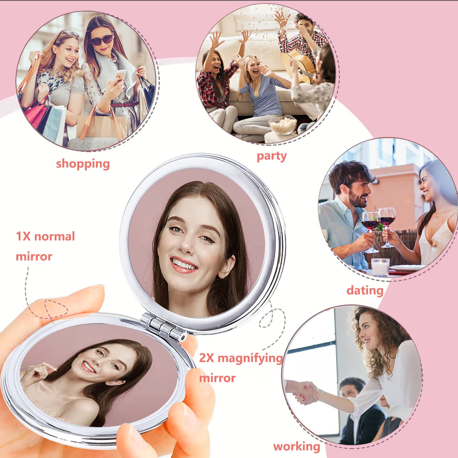 Acedada Pocket Mirror, Compact Mirror, Small Mirror for Purse with Glitter, Portable Travel Makeup Mini Mirror, Folding Handheld 2-Sided 1x/2x Magnifying Compact Mirror for Women Girls - Purple