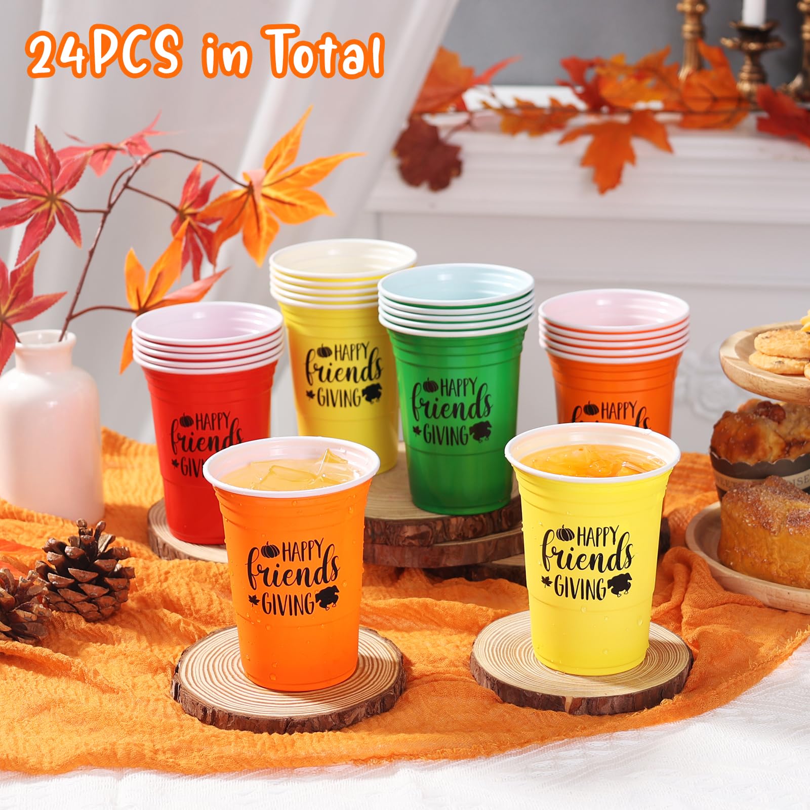 Nefelibata 24 Pack 15OZ Thanksgiving Party Plastic Cups Friendsgiving Disposable Tableware Friends Gathering Party Supplies Thanksgiving Dinner Wedding Birthday Favors Give Thanks Drinking Cups