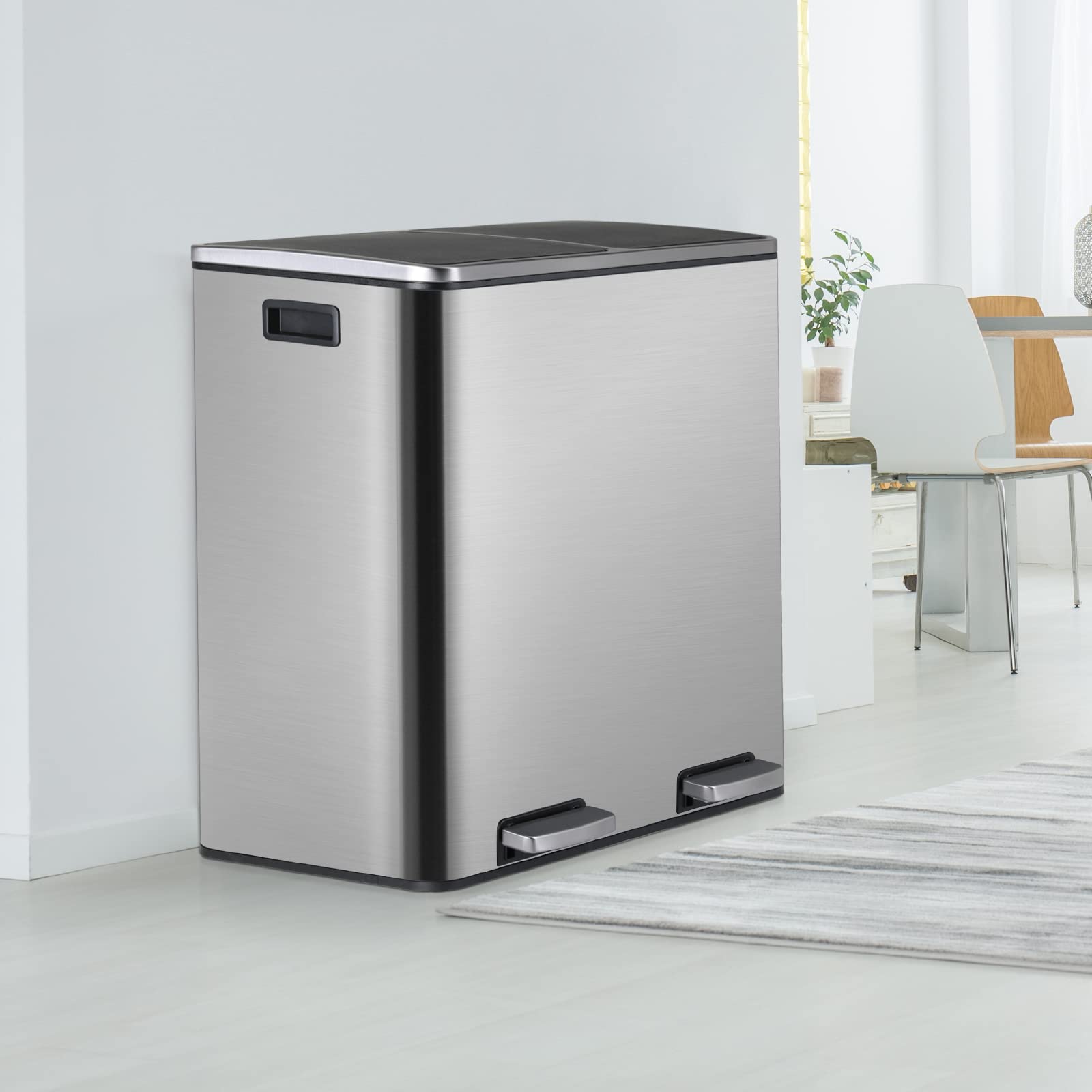 Arlopu 16 GallonStainless Steel Trash Can, 60L Dual Compartment, Metal Kitchen Step Recycle Bin, Metal Double Dustbin, in-Home Garbage Rubbish Can W/Removable Liner Buckets (Silver)