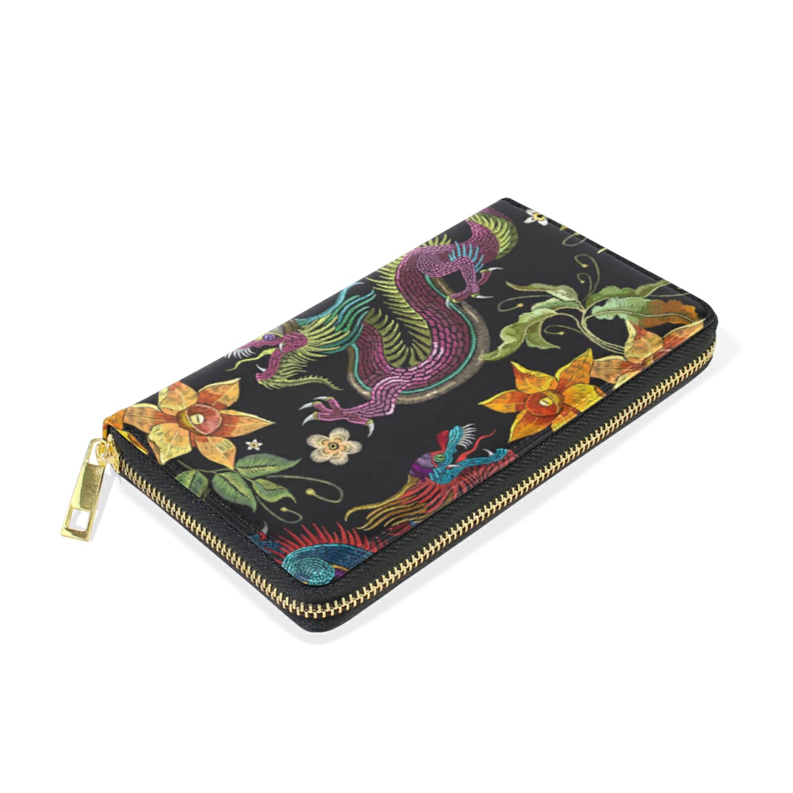 Embroidery Asian Dragons Yellow Flowers Chinese Dragons on Dark Leather Long Wallet Organizer with Zipper Purse Clutch Bag for Women Men