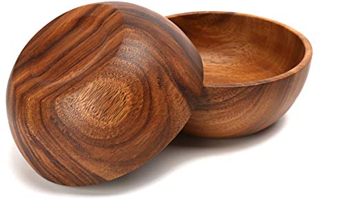 Acacia Wood Bowls Small Size for Handmade -Carved Dia 4"x 1.5 H Set of 4 Calabash Bowls (FREE 4 Wood Spoons)