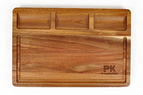 Acacia Wood Cutting Board with Compartments, Cutting Board with Juice Grooves, Charcuterie Board for Meat, Cheese, and Vegetables (Small)