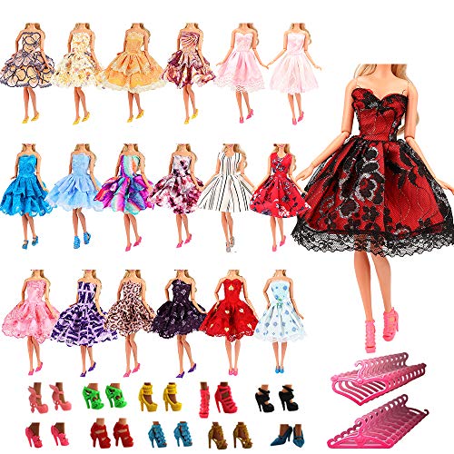 BARWA 5 PCS Fashion Mini Short Party Dresses Clothes and Accessories 5 Shoes 5 Hanger for 11.5 Inch Girl Doll
