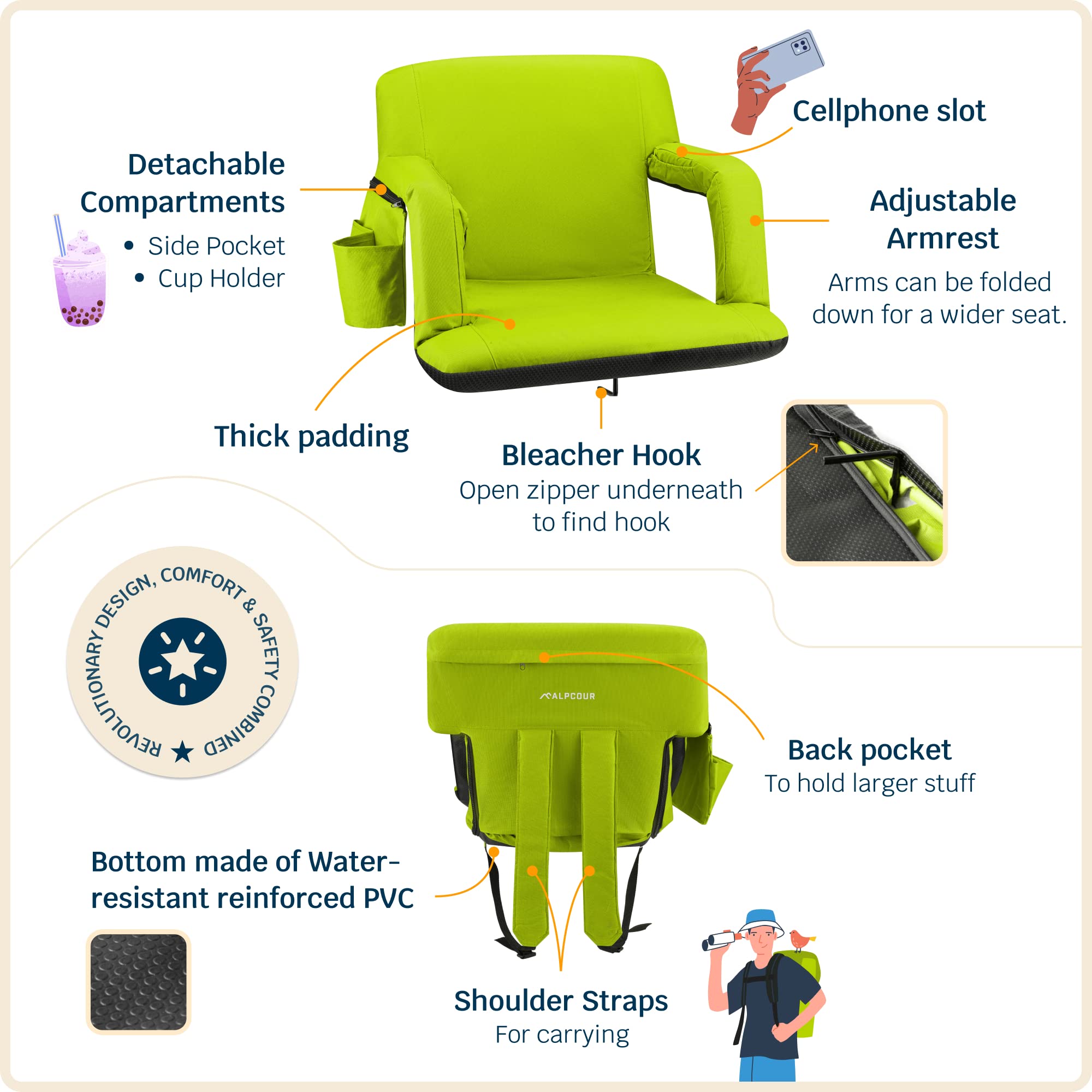 Alpcour Reclining Stadium Seat β Wide Bleacher Chair with Back Support and Cushion, Armrests, Side Pockets, and Bleachers Hook β Best Stadium Seats Chairs for Camping, Kayak, & Paddle Board Backs