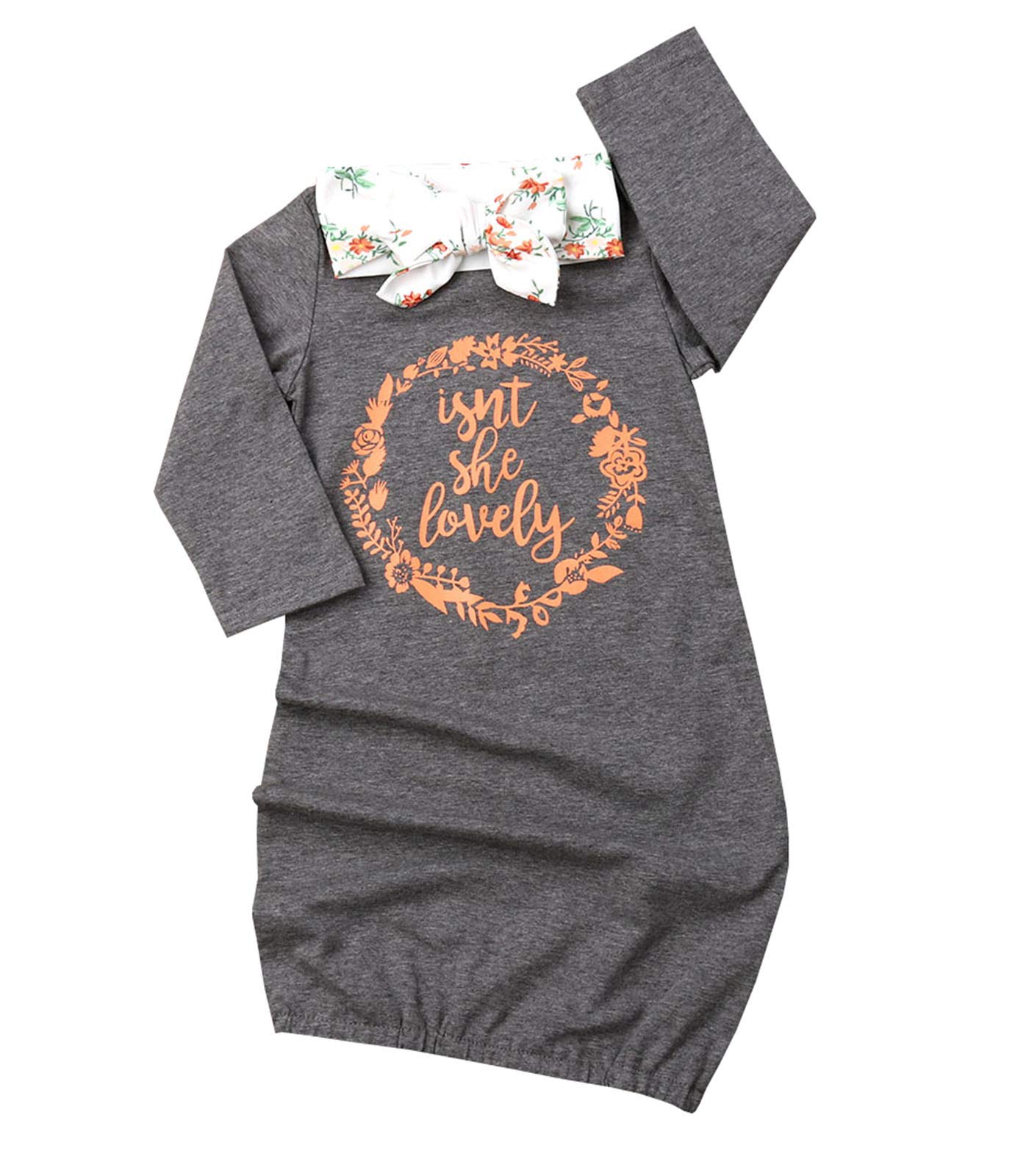 Qiylii Newborn Baby Girl Isn't She Lovely Floral Nightgowns Headband Sleepwear Sleeping Bag (0-3 Months, Gray)