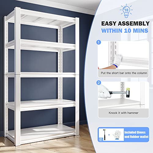 Raybee 72" Garage Shelving Heavy Duty Garage Storage Shelves Load 2000LBS, Adjustable 5-Tier Heavy Duty Shelving, Tall Garage Shelves & All Metal Shelving Utility Shelf, 72" H x31.7 W x16.3 D, White