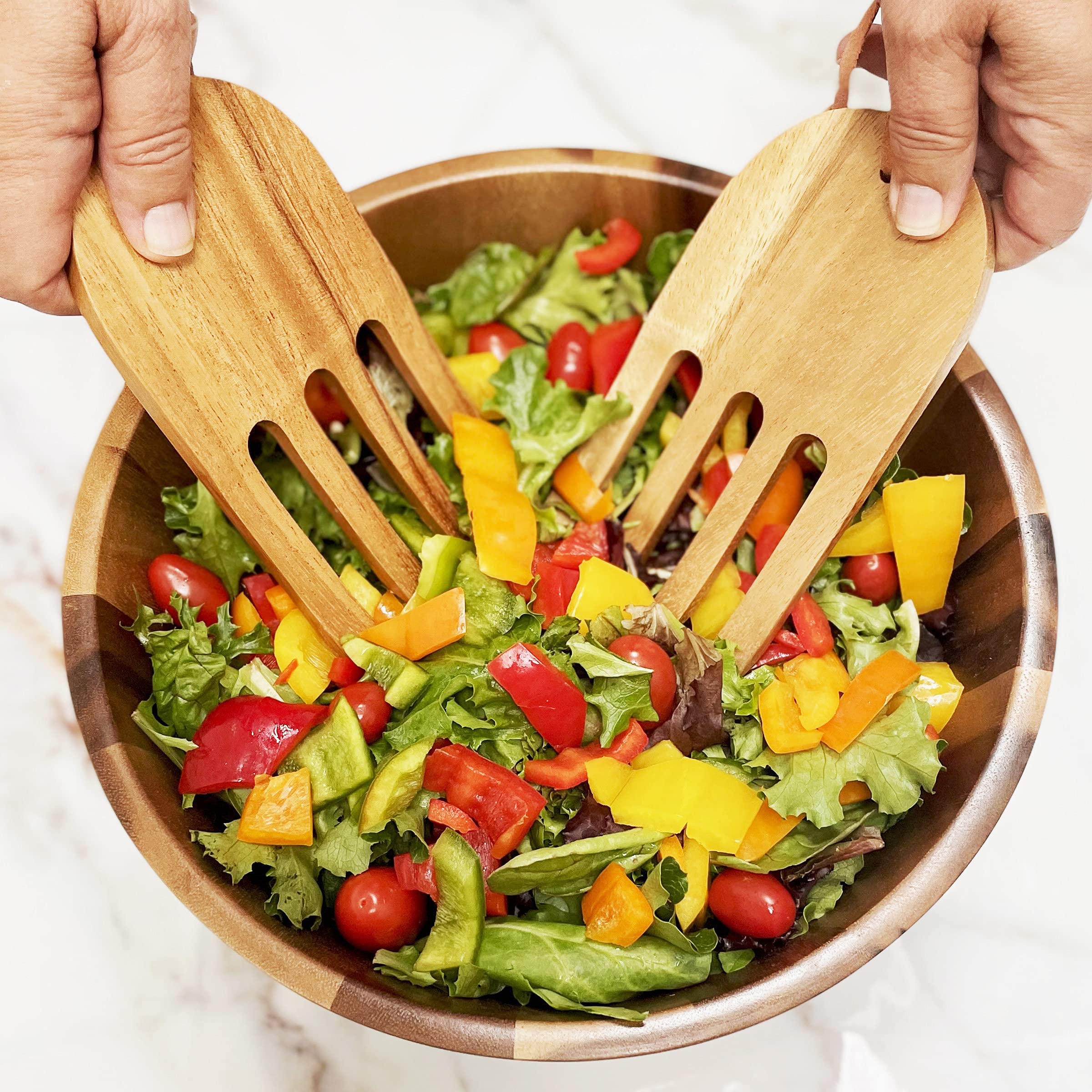 Acacia Wood Salad Serving Bowl 12” with Salad Hands 3 Piece Set by Woodard & Charles
