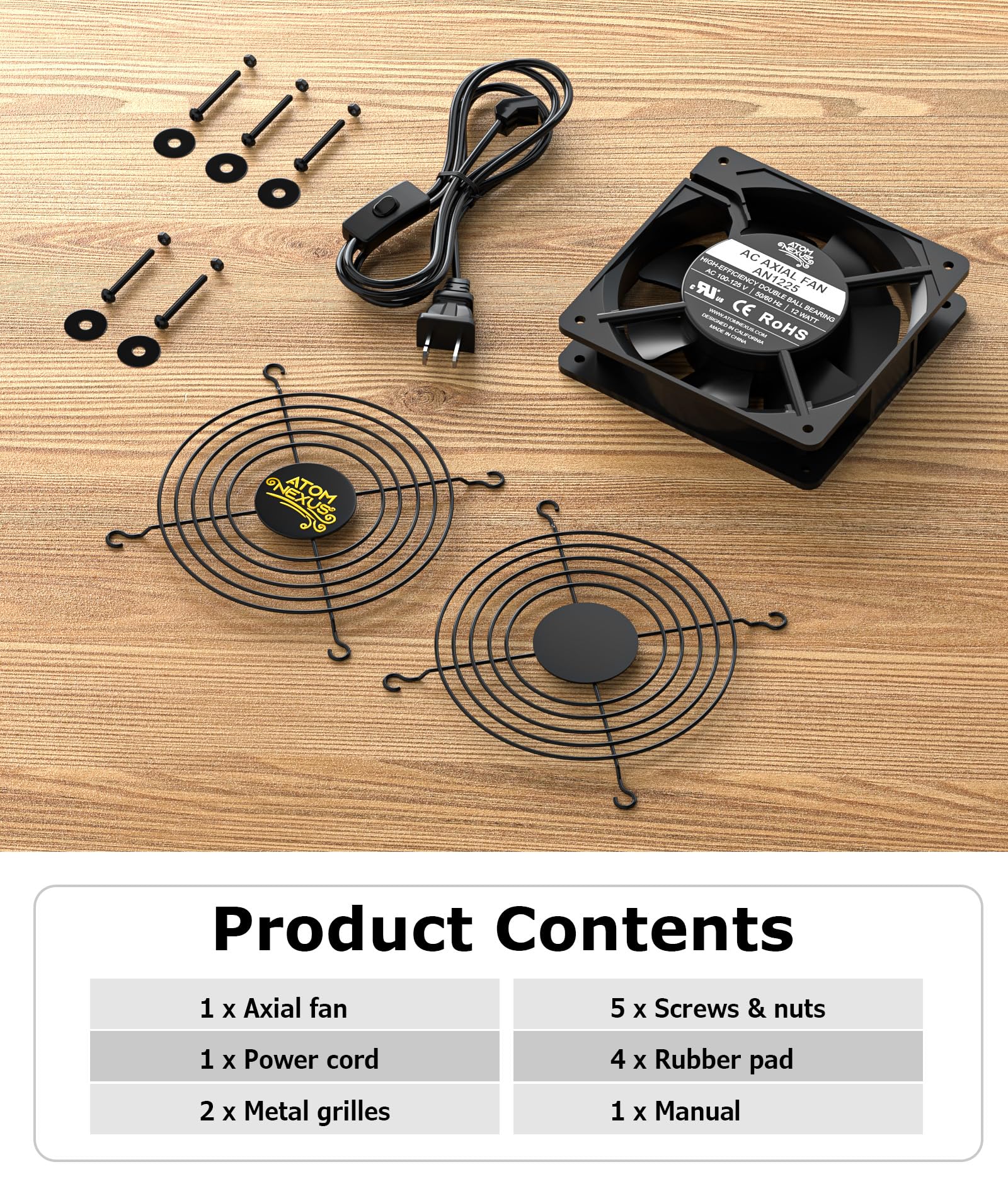 ATOM NEXUS AC Axial Fan AN1225, 120V Computer Fan with AC Plug, Quiet Muffin Fan, 120mm x 25mm Computer Cooling Fan for DIY Cooling Ventilation Exhaust Projects
