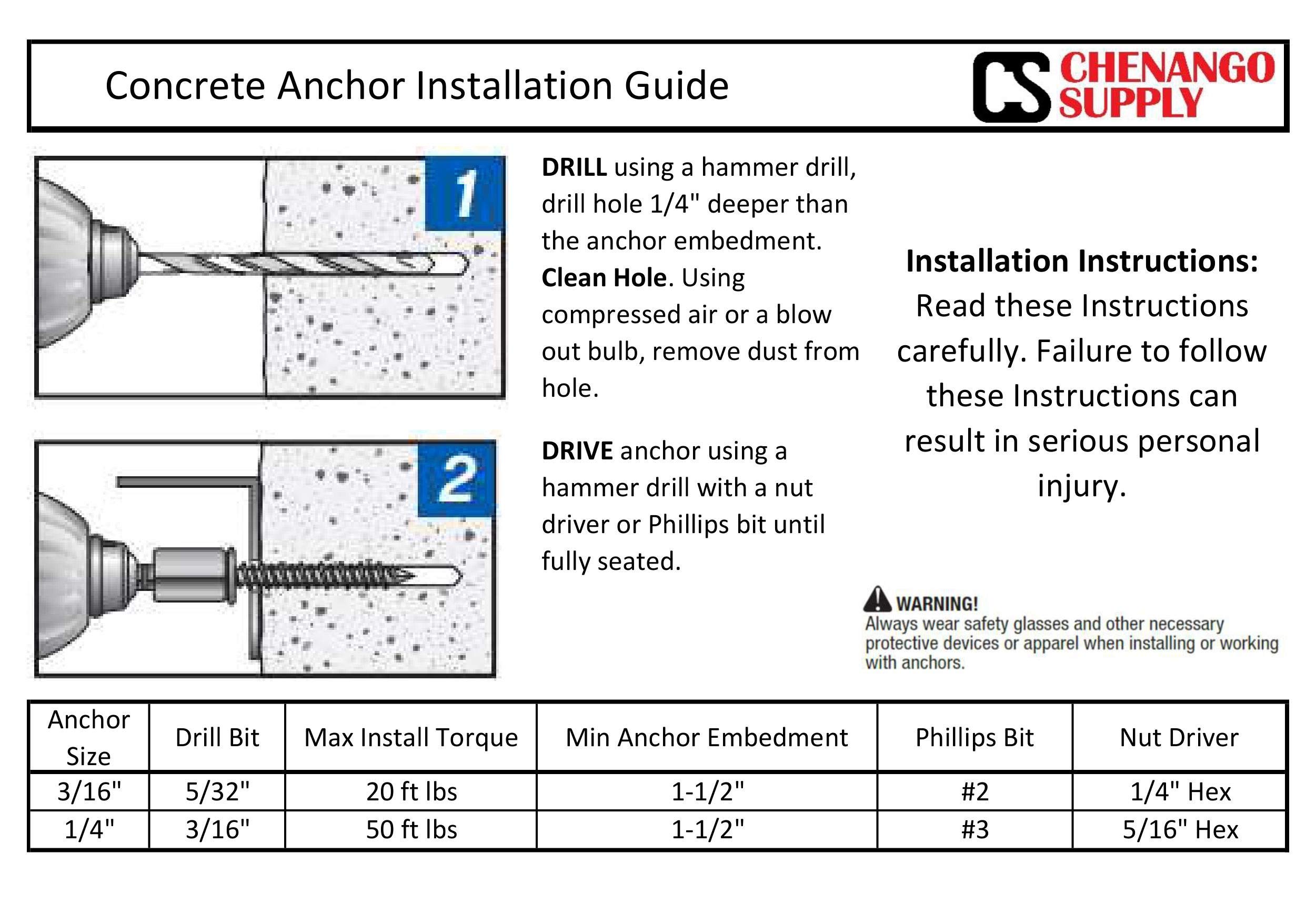 Chenango Supply 1/4 x 1-1/4" Flat Head Concrete Screw Anchor. 100 Pieces with Drill Bit (Miami-Dade Compliant) (1/4 x 1-1/4)