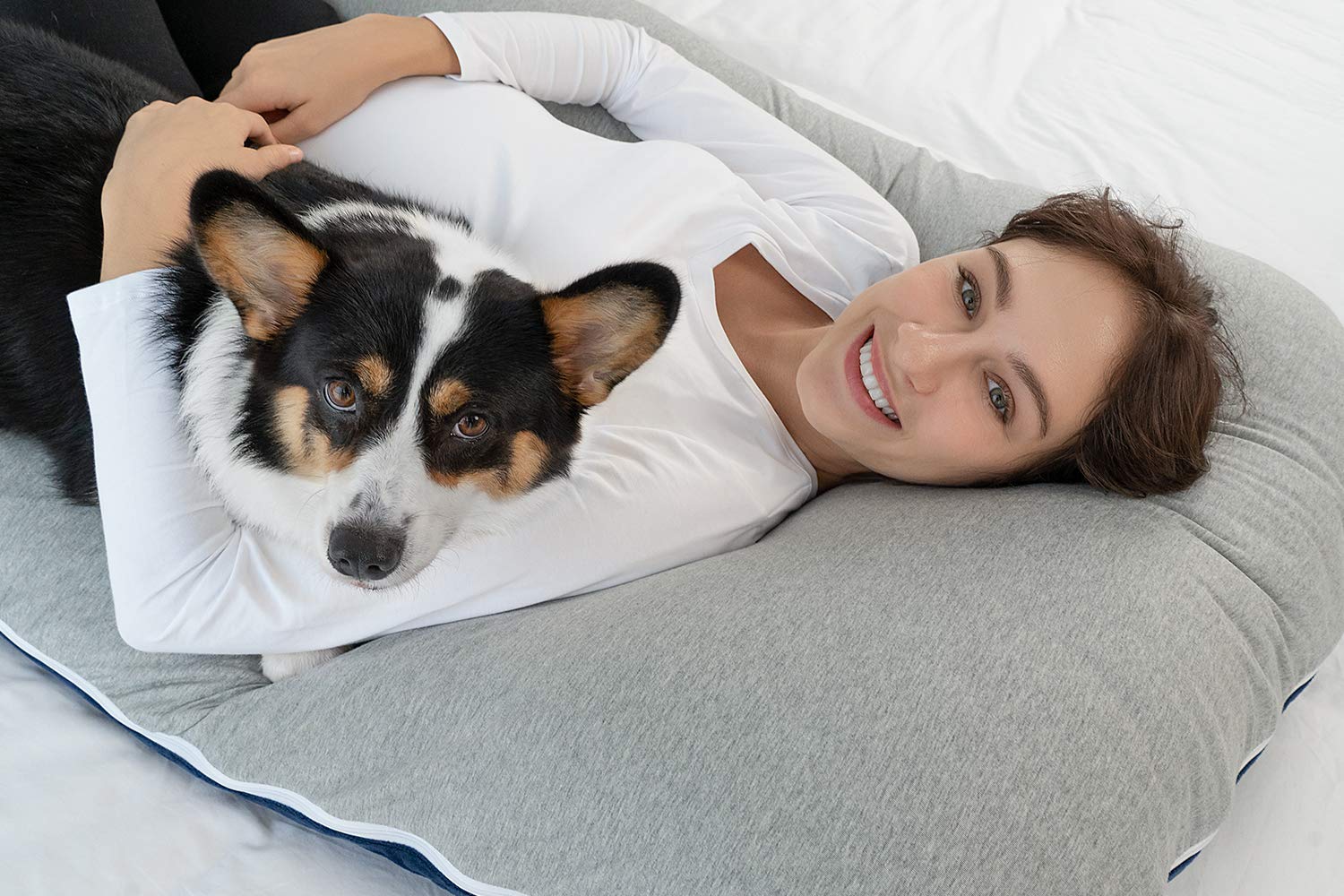 Meiz Pregnancy Pillow, Cooling Pregnancy Pillows for Sleeping, Full Body Pregnancy Pillow with Reversible Cooling Jersey Cover & Velvet Cover, Blue & Grey